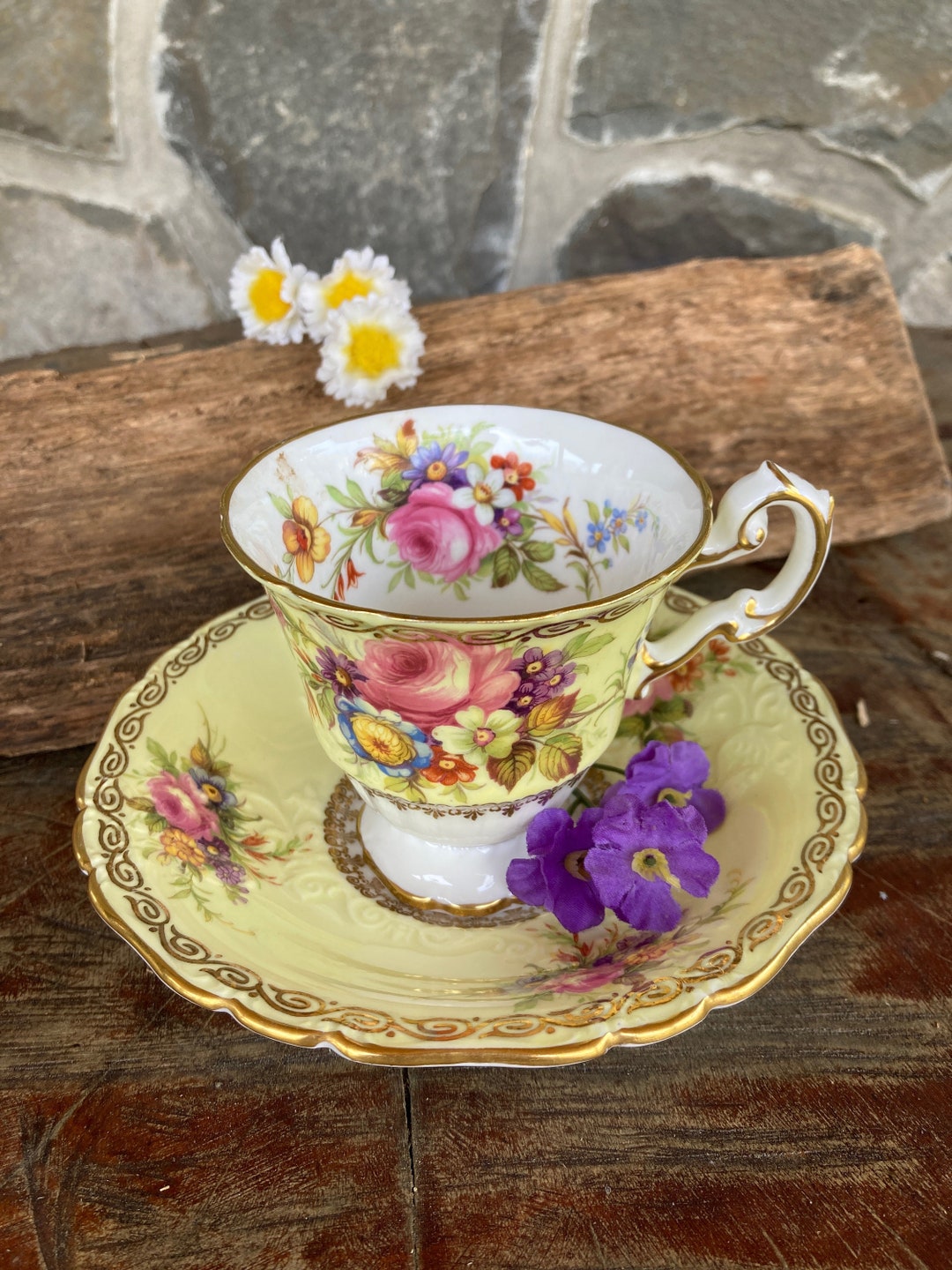 Pink Flower Vintage Teacup, Hand-painted 1950 Tea Cup, Romantic Flower ...