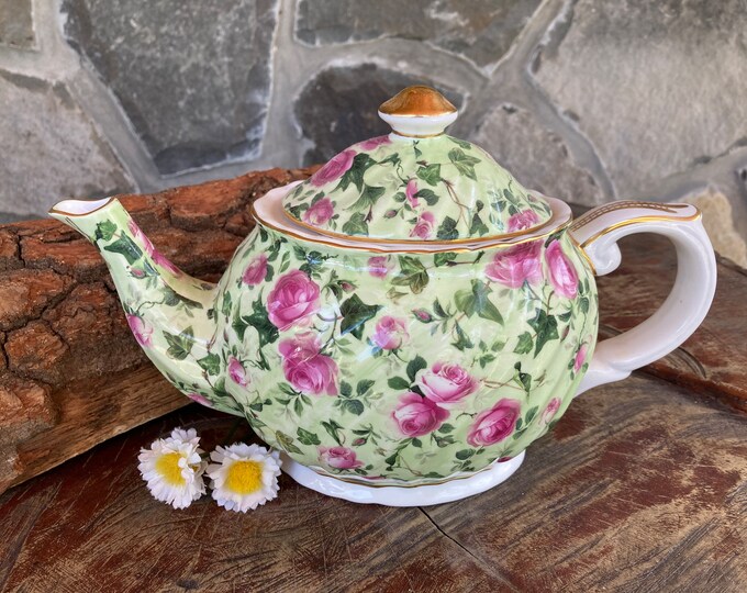 Crown Victorian Chintz Teapot, Staffordshire England Green Teapot ...