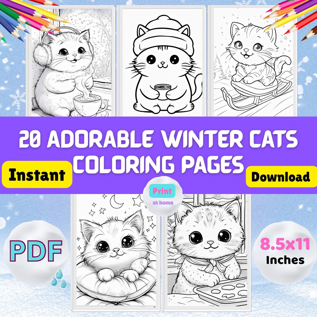 Winter Cats Coloring Pages for Kids: Fun Kitten Activity Sheets (PDF ...