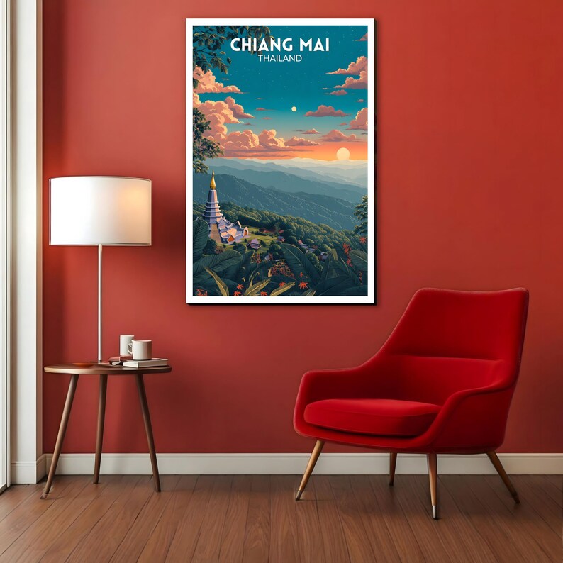 Chiang Mai Thailand Modern Travel Poster – Scenic Temple Landscape Wall ...