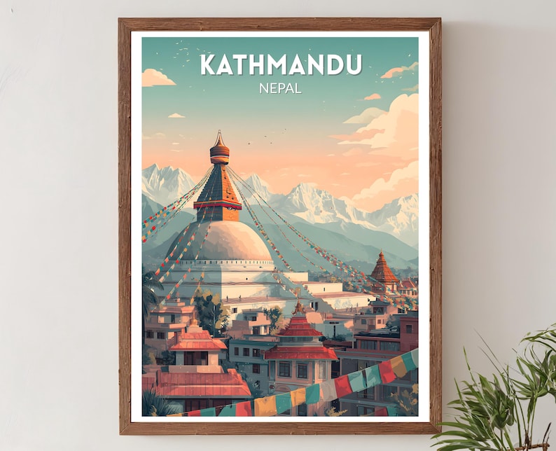 Kathmandu Nepal Retro Travel Poster, Mid Century Modern Vintage ...