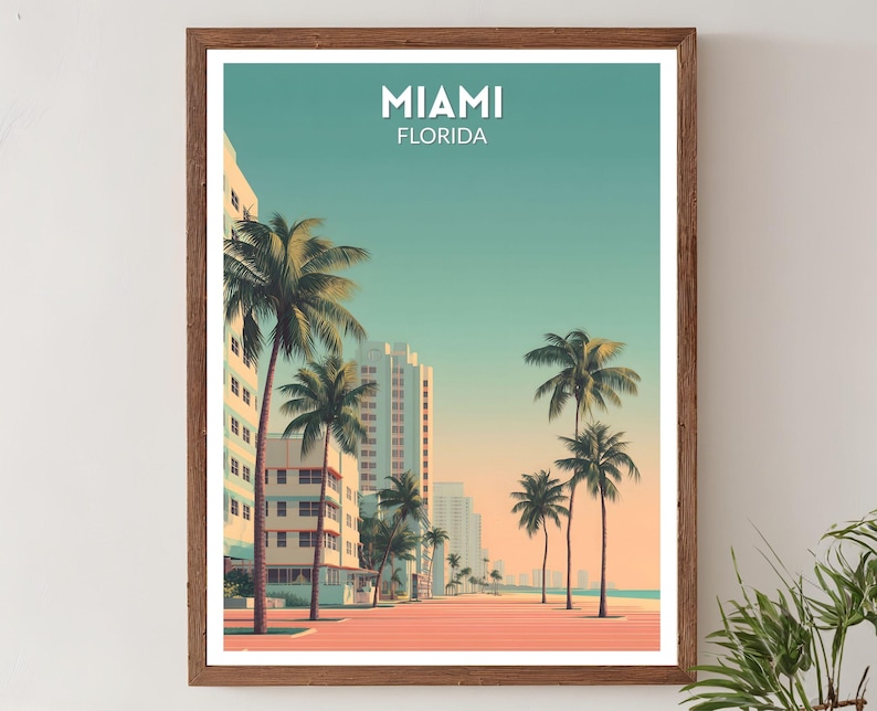 Miami Florida Retro Travel Poster, Mid Century Modern Wall Art Print ...