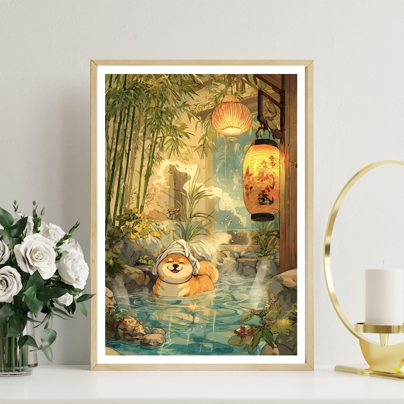 Shiba Inu Onsen Print – Japanese Dog Wall Art, Funny Hot Spring Poster ...