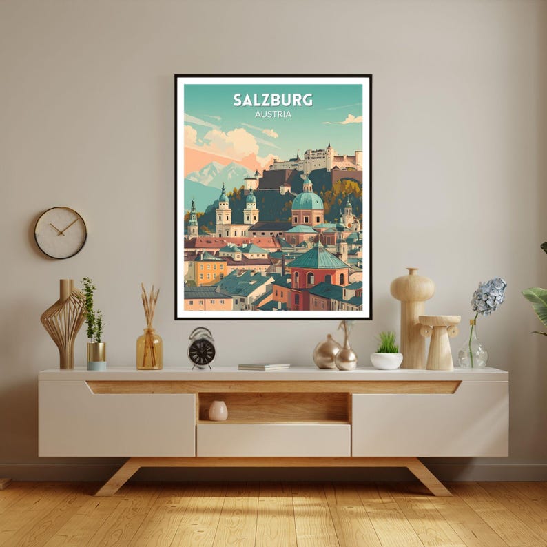 Salzburg Austria Retro Travel Poster, Mid Century Modern Wall Art Print ...