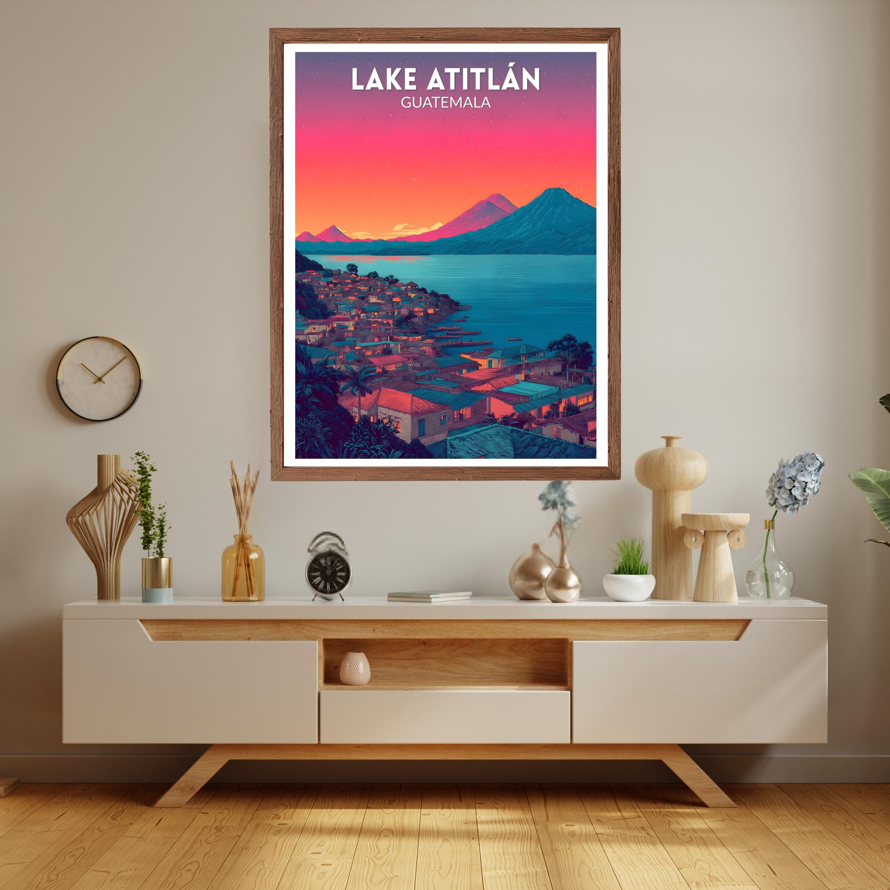 Lake Atitlán Guatemala Vibrant Travel Poster, Retro Futuristic Wall Art ...
