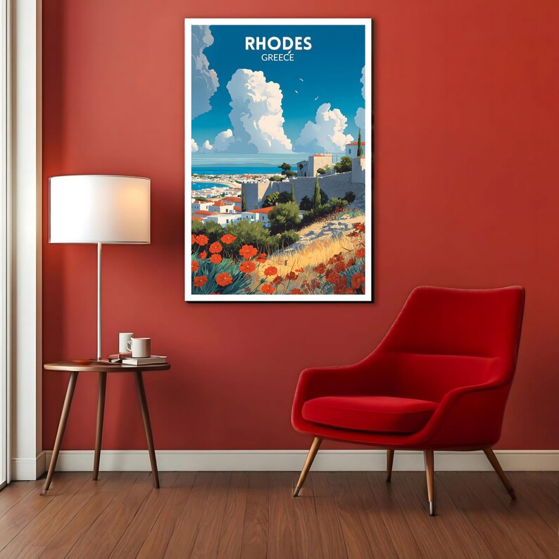 Rhodes Greece Modern Travel Poster, Scenic Old Town & Coast Clean ...