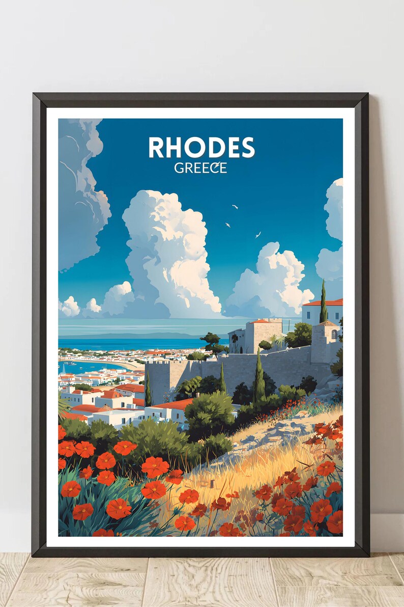 Rhodes Greece Modern Travel Poster, Scenic Old Town & Coast Clean ...