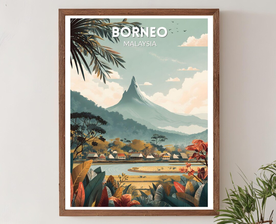 Borneo Malaysia Retro Travel Poster, Mid Century Modern Vintage ...