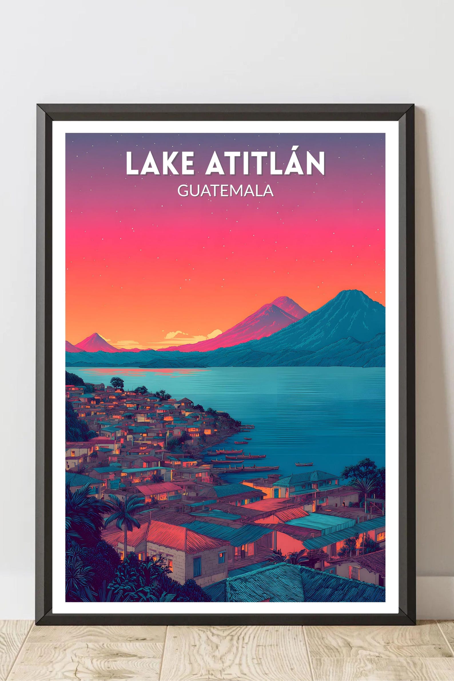Lake Atitlán Guatemala Vibrant Travel Poster, Retro Futuristic Wall Art ...