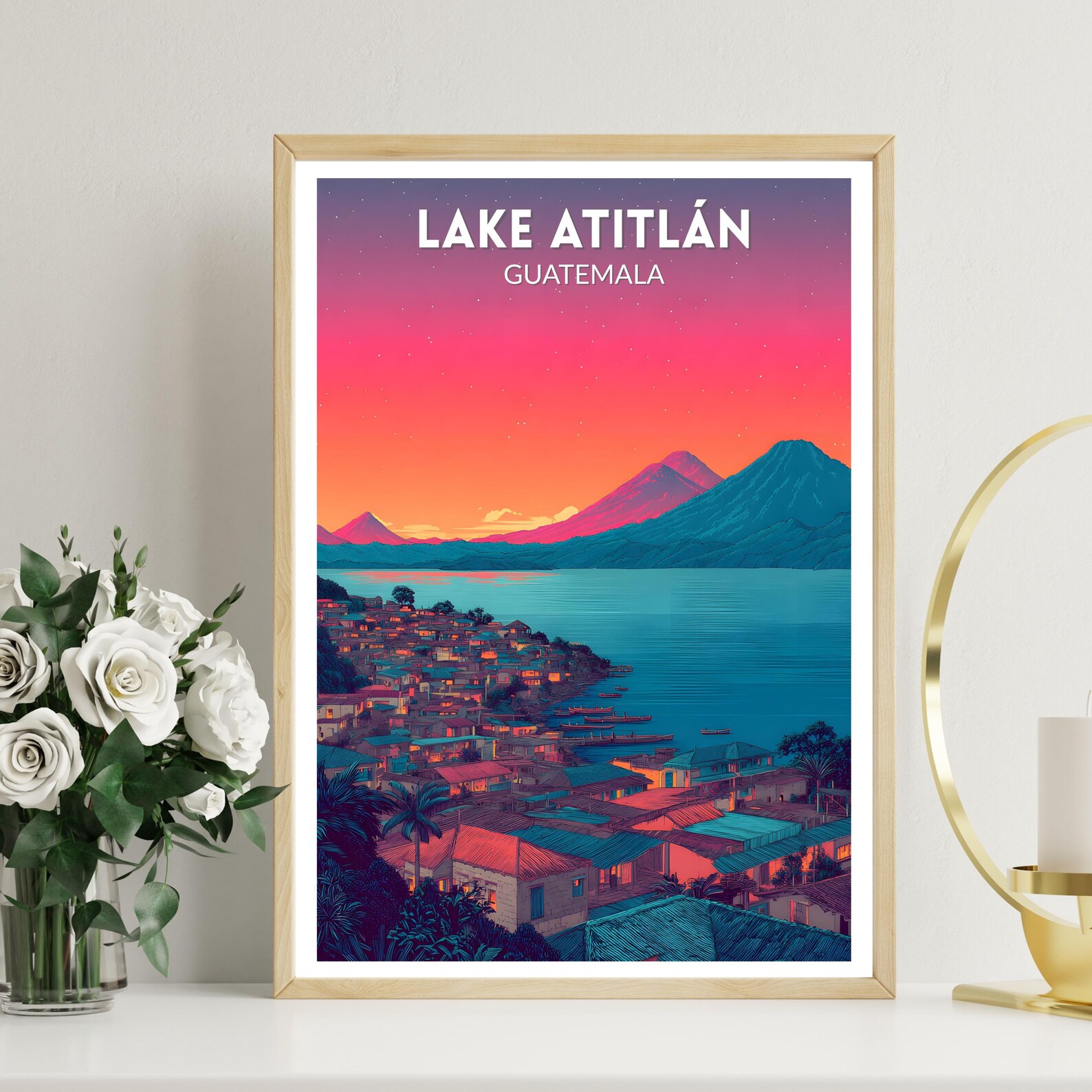 Lake Atitlán Guatemala Vibrant Travel Poster, Retro Futuristic Wall Art ...