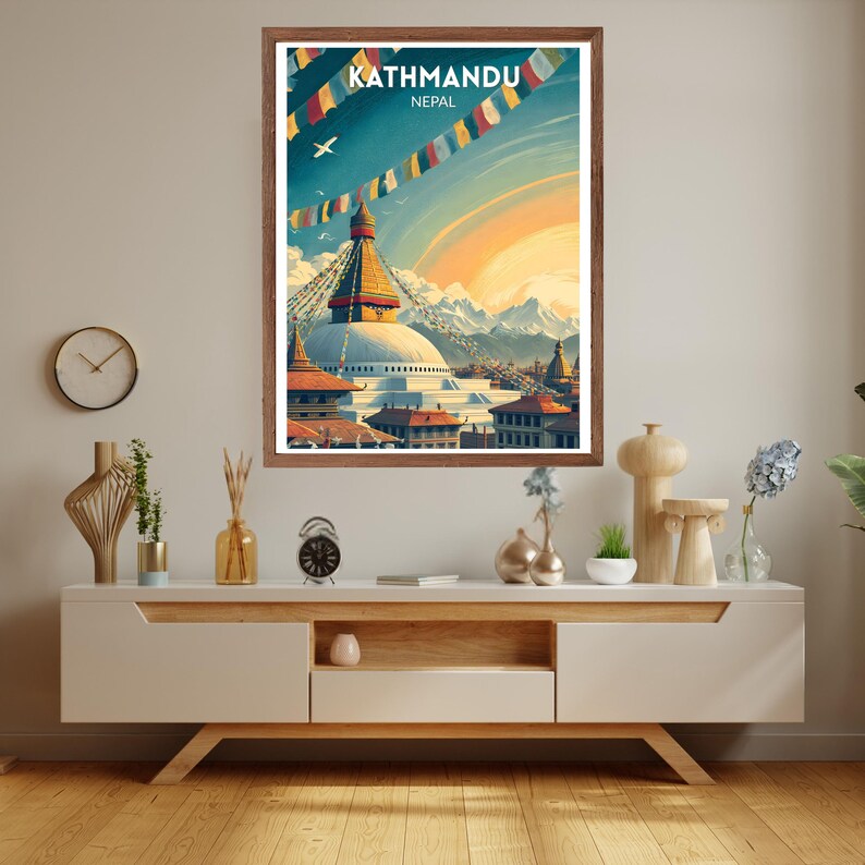 Kathmandu Nepal Modern Travel Poster, Scenic Temples & Valley Clean ...