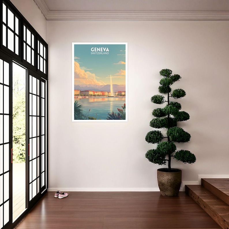 Geneva Switzerland Modern Travel Poster, Scenic Lake & Alps Clean ...