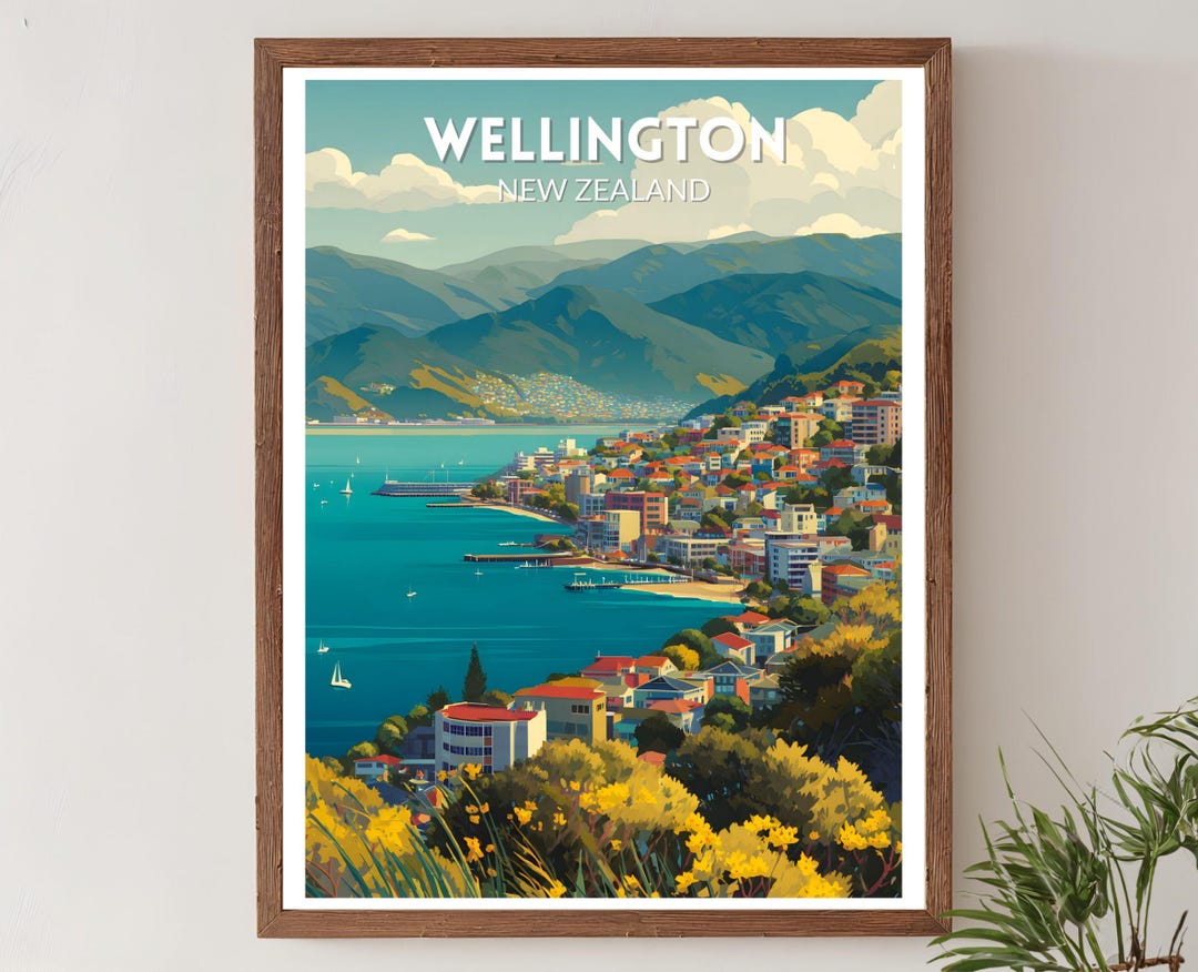 Wellington New Zealand Modern Travel Poster, Scenic Harbor & Hills ...