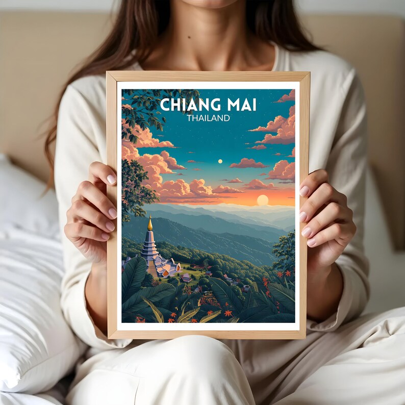 Chiang Mai Thailand Modern Travel Poster – Scenic Temple Landscape Wall ...