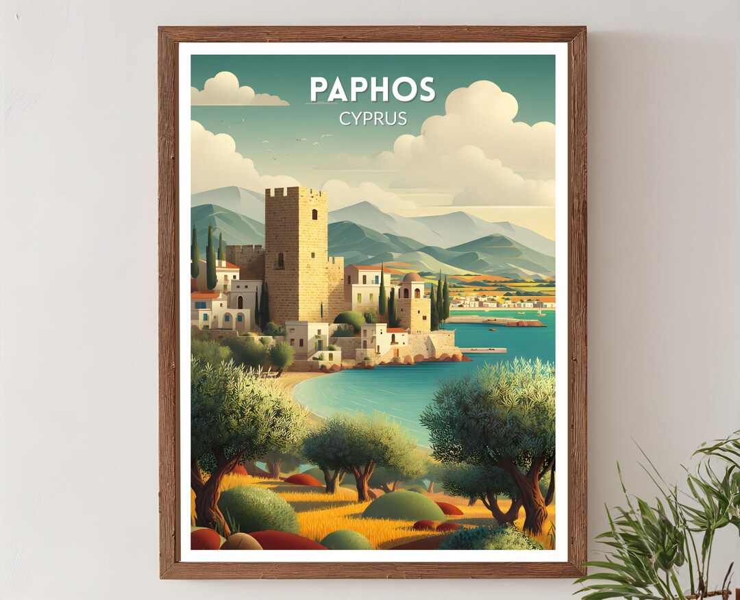 Paphos Cyprus Retro Travel Poster, Mid Century Modern Vintage Coastal ...
