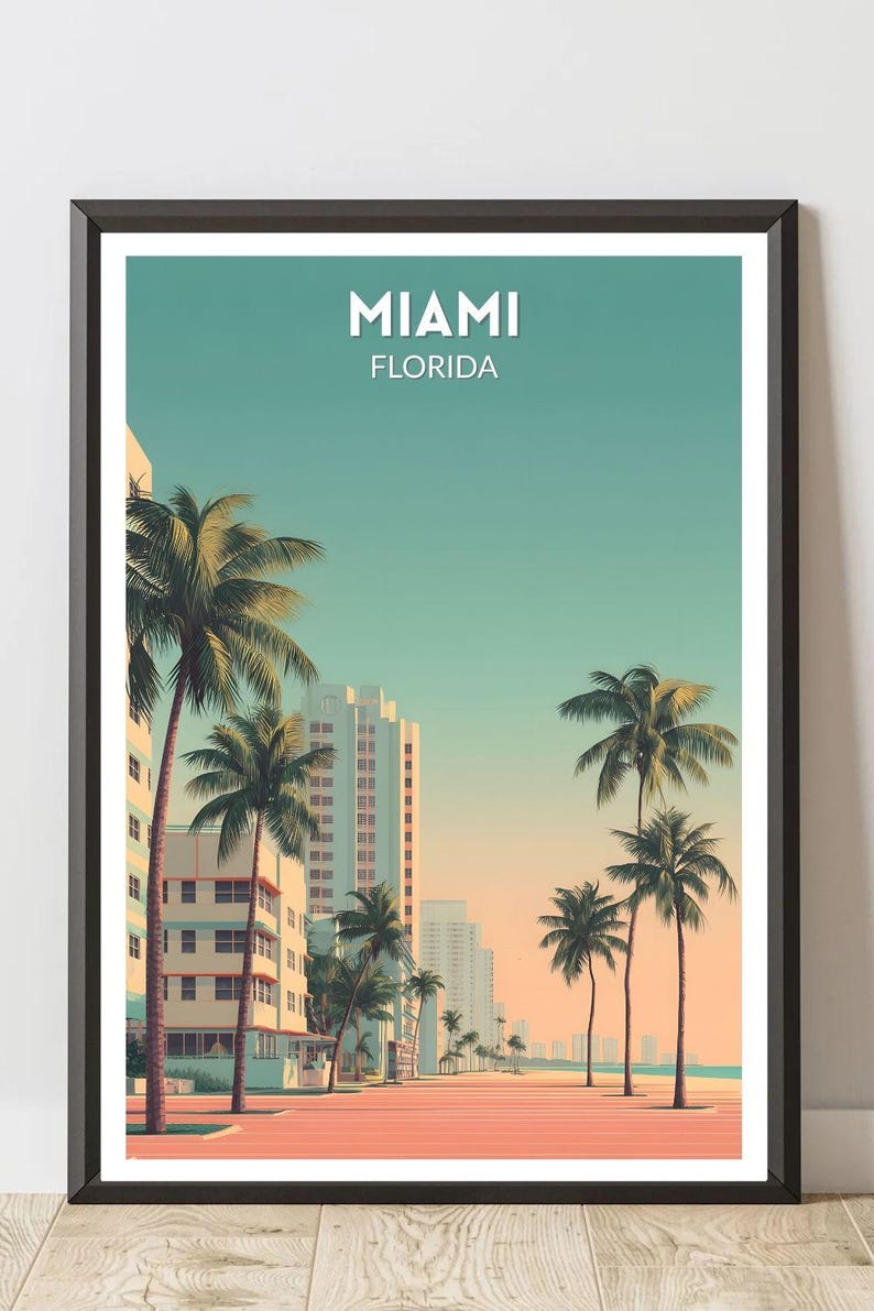 Miami Florida Retro Travel Poster, Mid Century Modern Wall Art Print ...