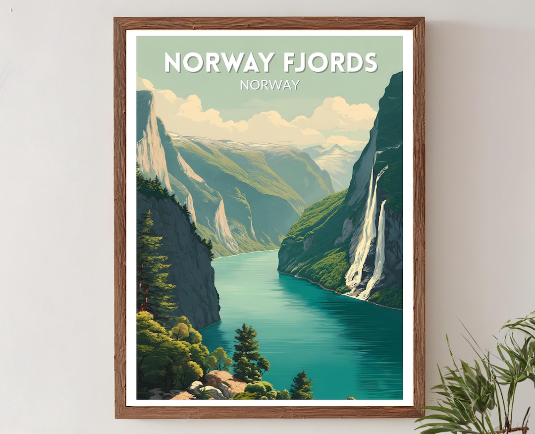Norway Fjords Retro Travel Poster, Mid Century Modern Vintage Nordic ...
