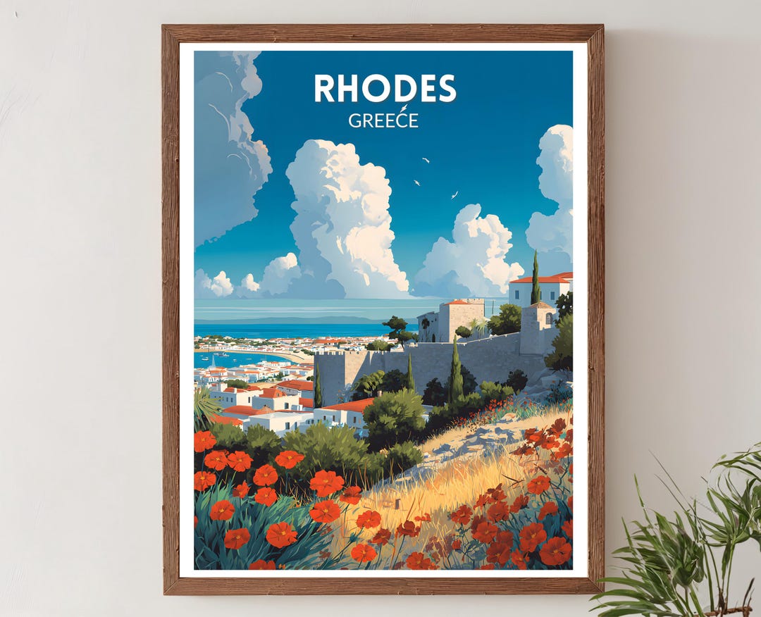 Rhodes Greece Modern Travel Poster, Scenic Old Town & Coast Clean ...