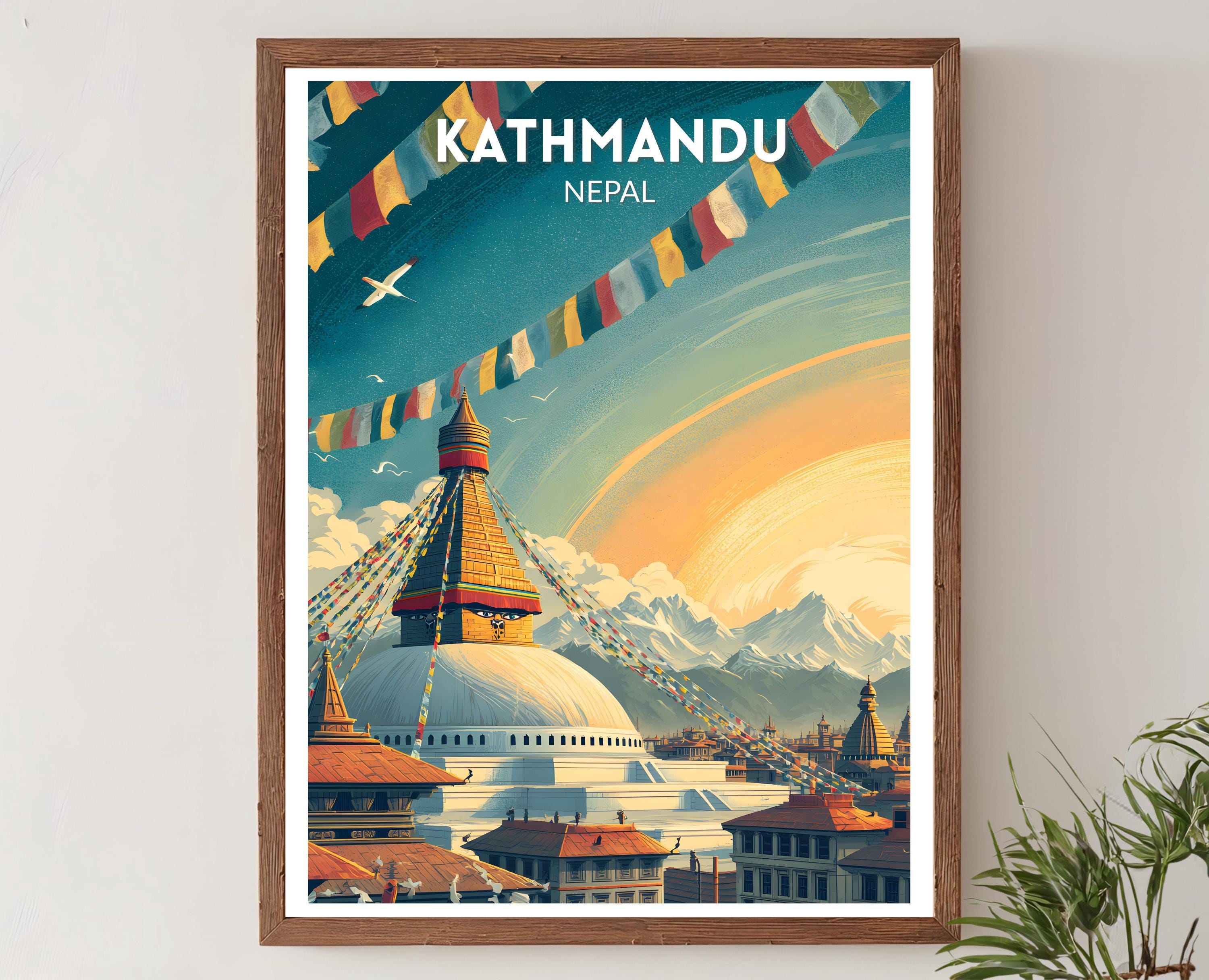 Kathmandu Nepal Modern Travel Poster, Scenic Temples & Valley Clean ...