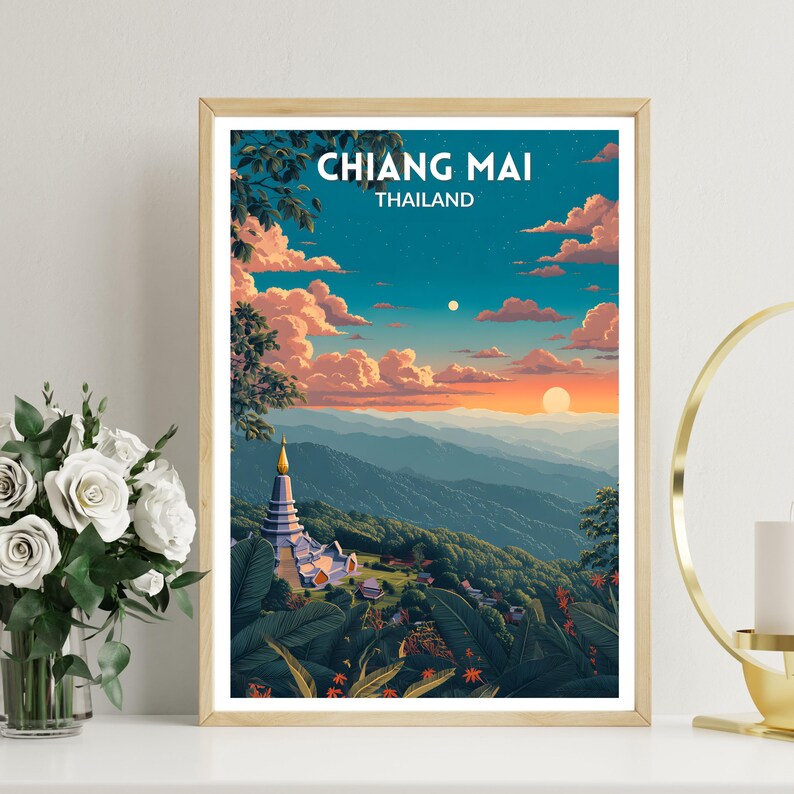 Chiang Mai Thailand Modern Travel Poster – Scenic Temple Landscape Wall ...