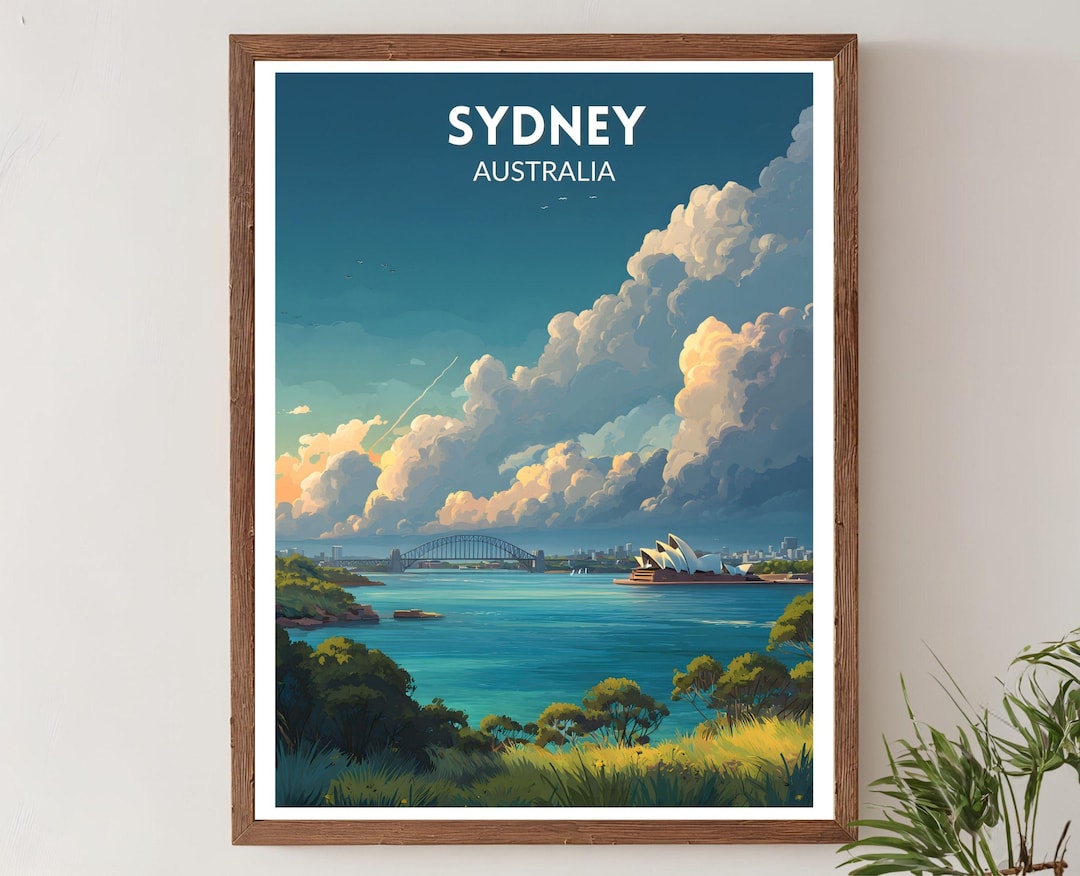 Sydney Australia Modern Travel Poster, Scenic Harbor & Skyline Clean ...