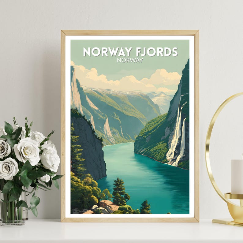 Norway Fjords Retro Travel Poster, Mid Century Modern Vintage Nordic ...