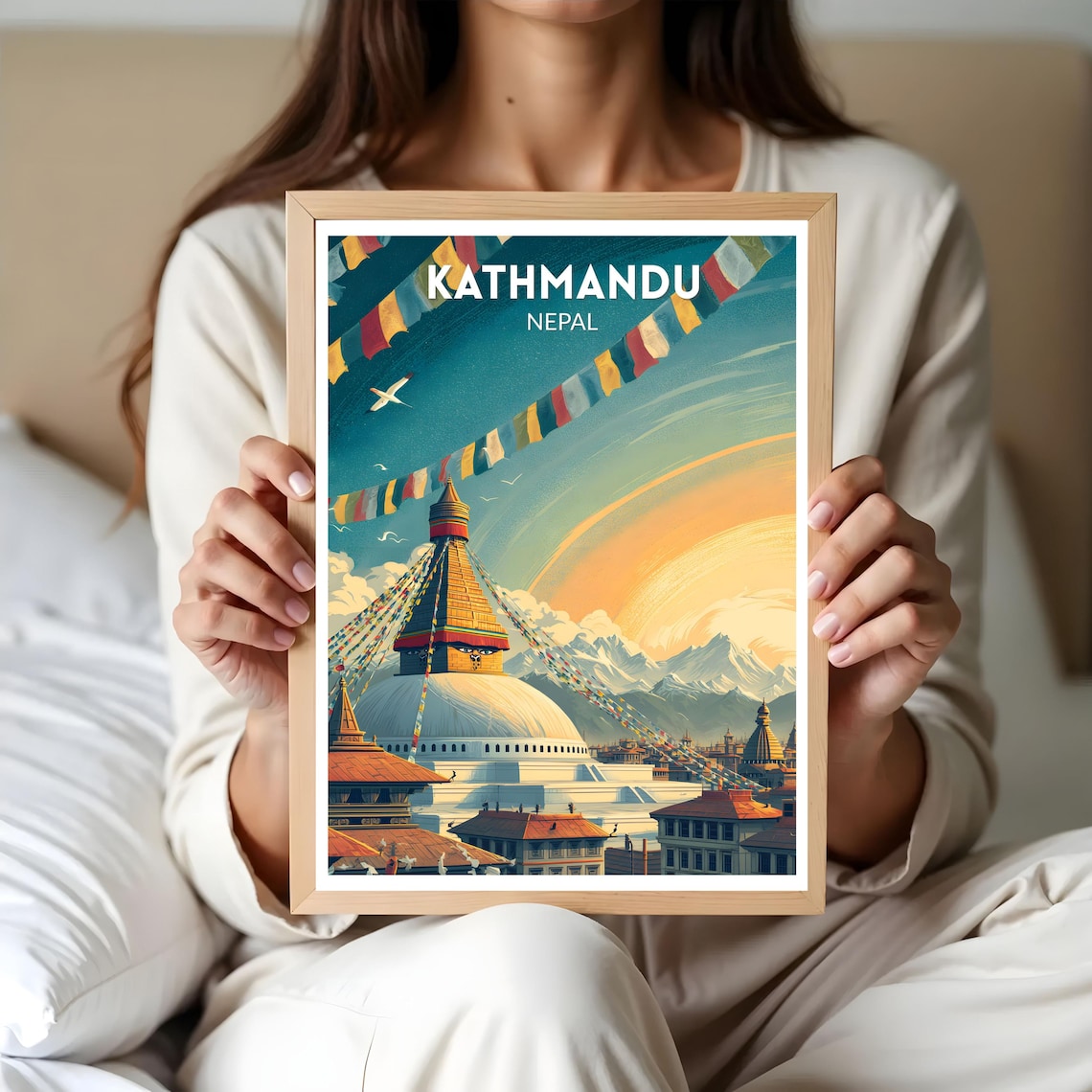 Kathmandu Nepal Modern Travel Poster, Scenic Temples & Valley Clean ...