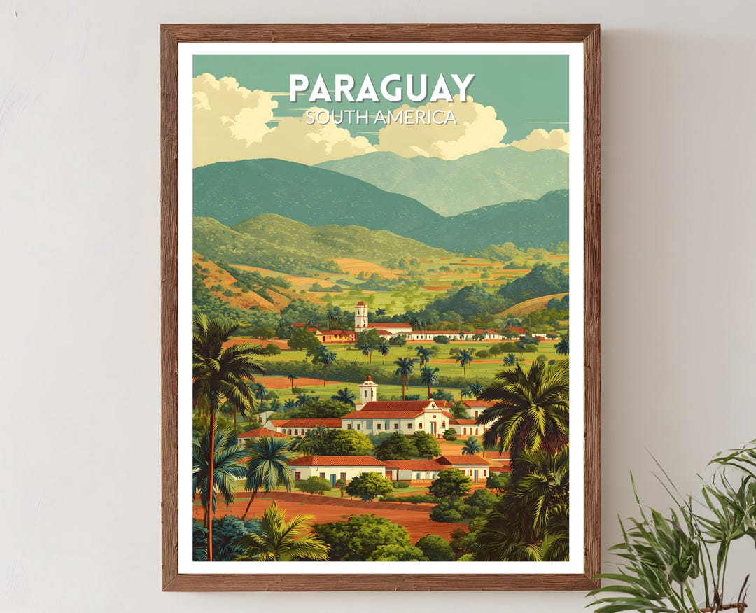 Paraguay Retro Travel Poster, Mid Century Modern Vintage Landscape Art ...