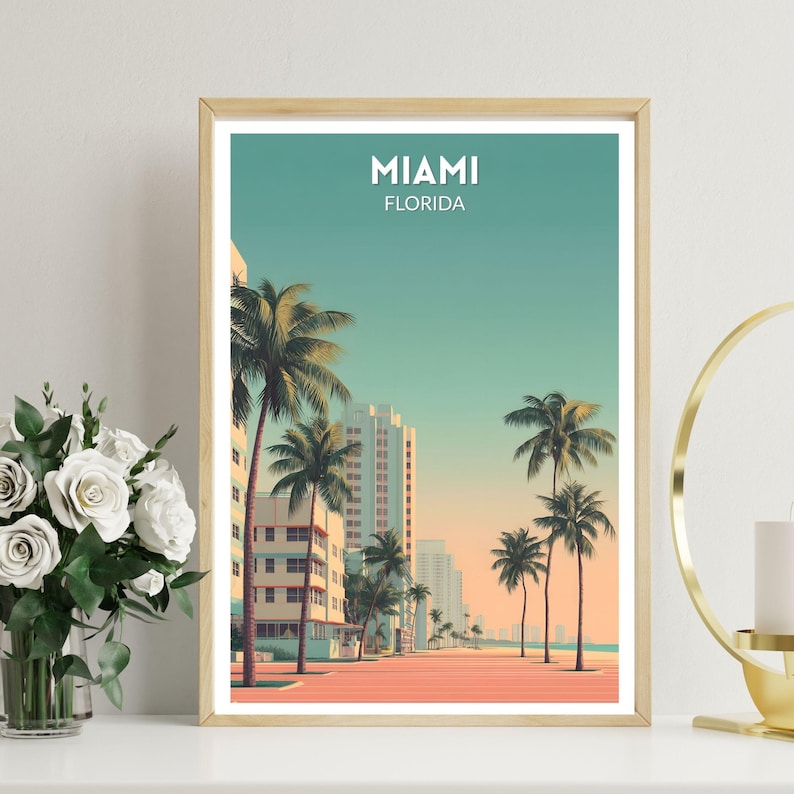Miami Florida Retro Travel Poster, Mid Century Modern Wall Art Print ...