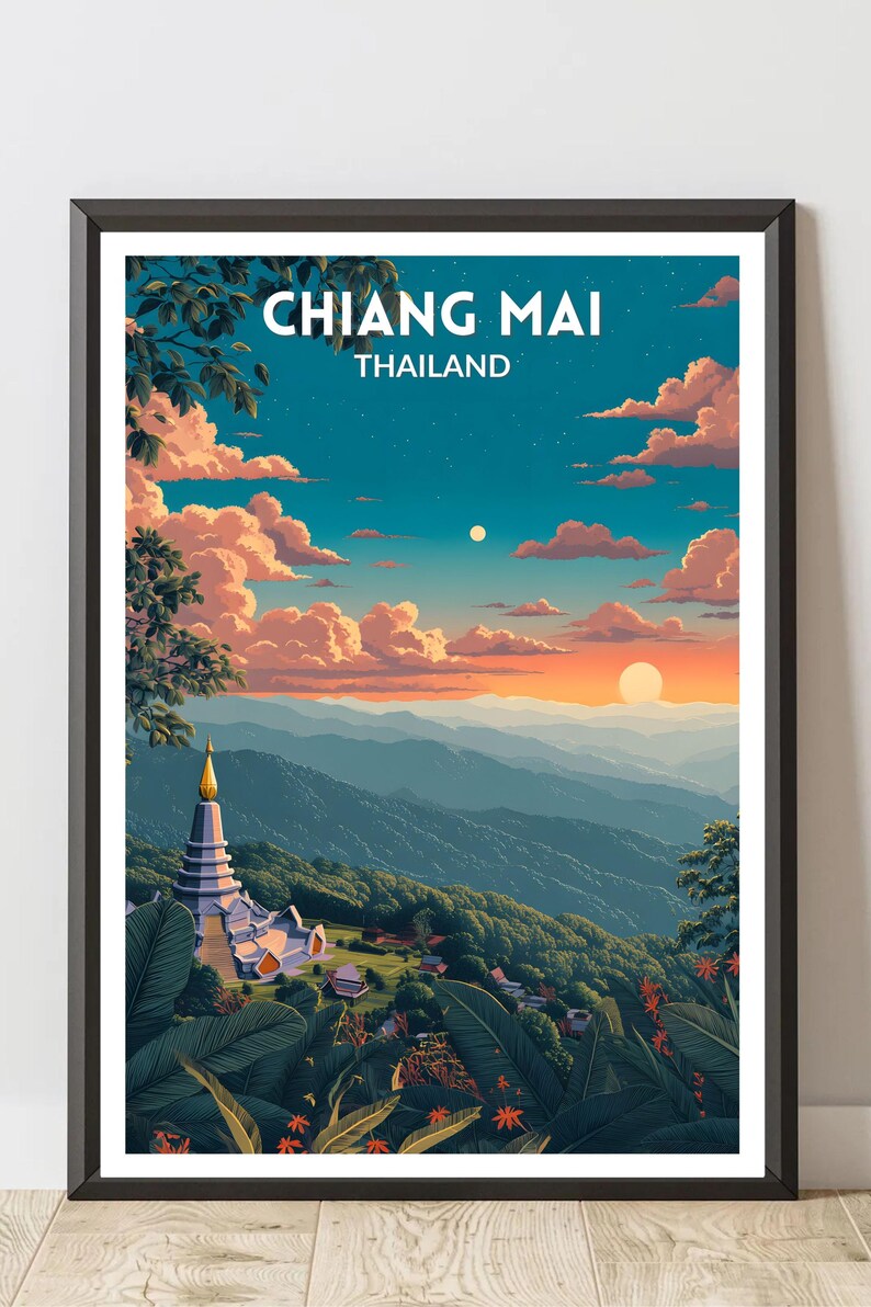 Chiang Mai Thailand Modern Travel Poster – Scenic Temple Landscape Wall ...