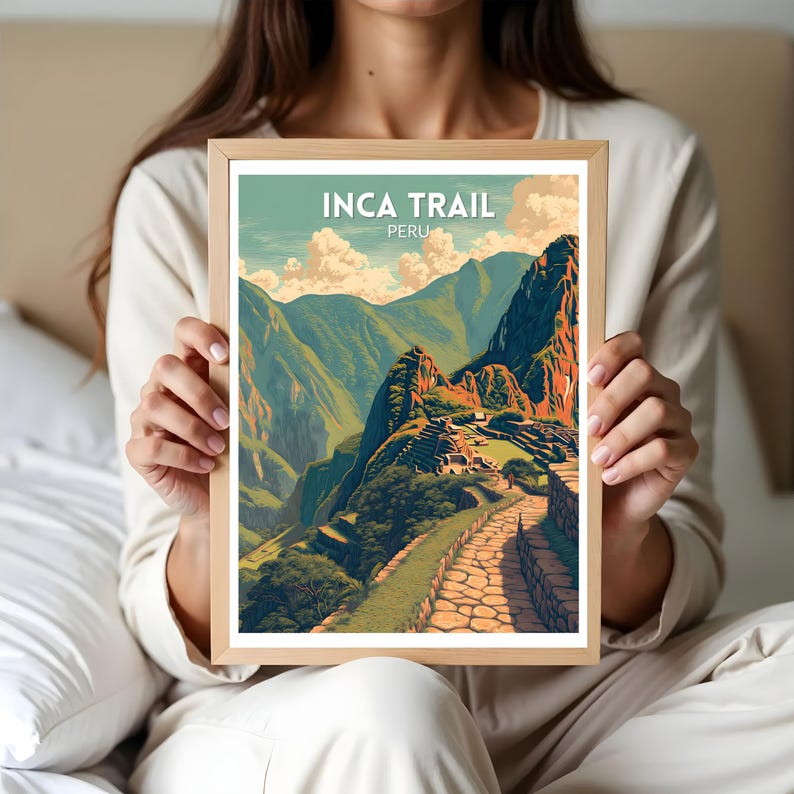 Inca Trail Peru Retro Travel Poster, Machu Picchu Wall Art Print ...