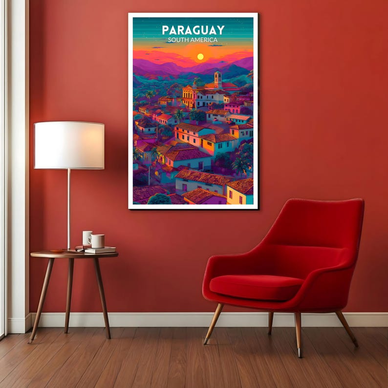 Póster de viaje retrofuturista vibrante de Paraguay, arte mural de ...