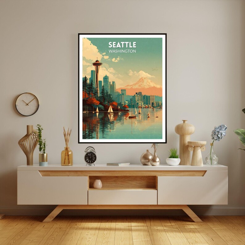 Seattle Washington Retro Travel Poster, Mid Century Modern Wall Art ...