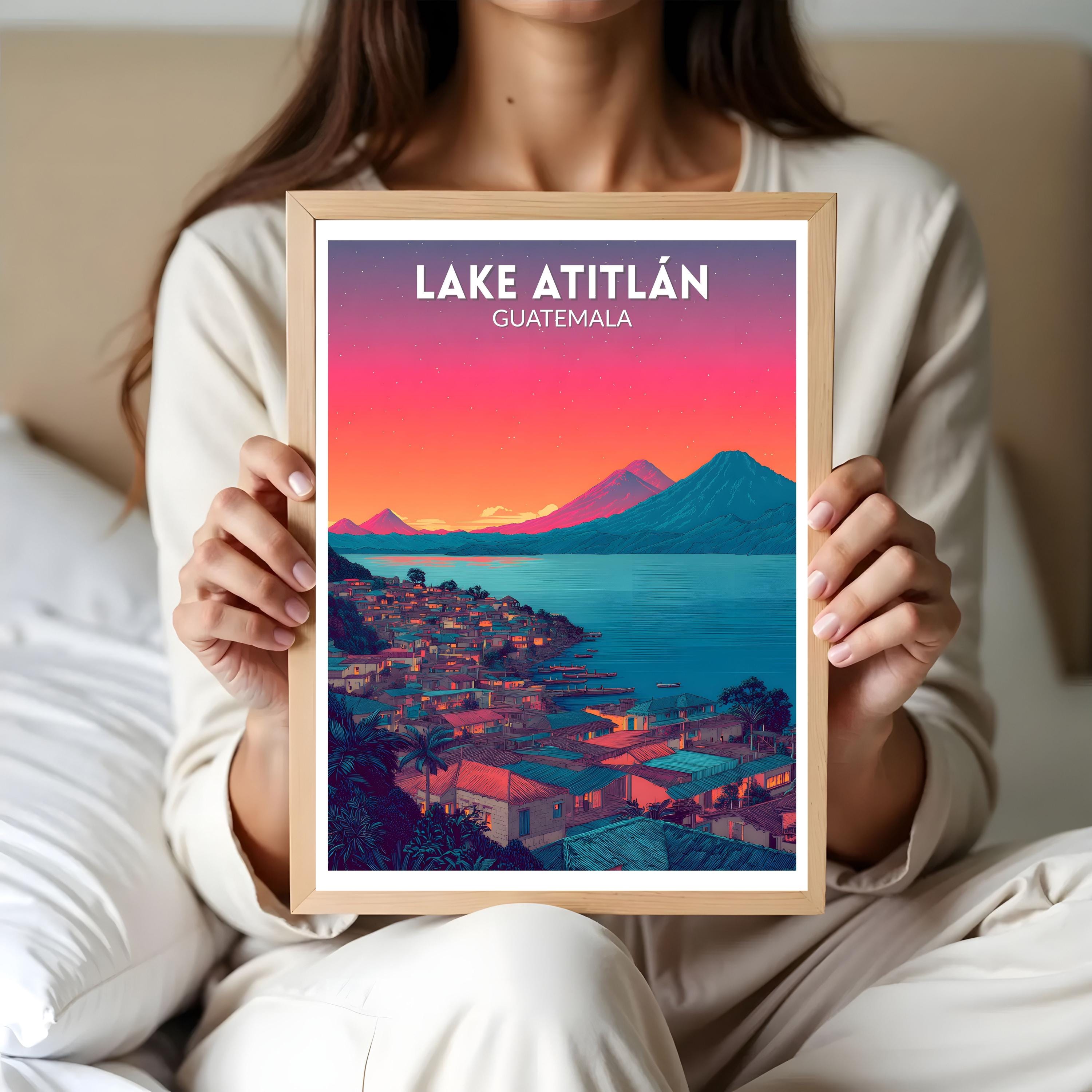 Lake Atitlán Guatemala Vibrant Travel Poster, Retro Futuristic Wall Art ...
