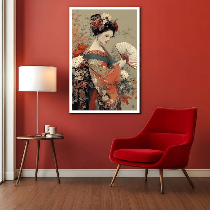 Japanese Geisha Art Print - Geisha With Kimono Surrounded by Flowers ...