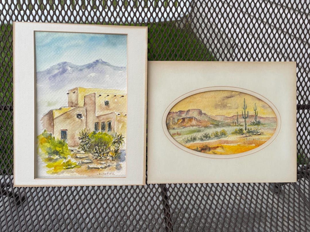 Pair of Small Vintage Desert Landscape Paintings Signed by Texas Artist ...