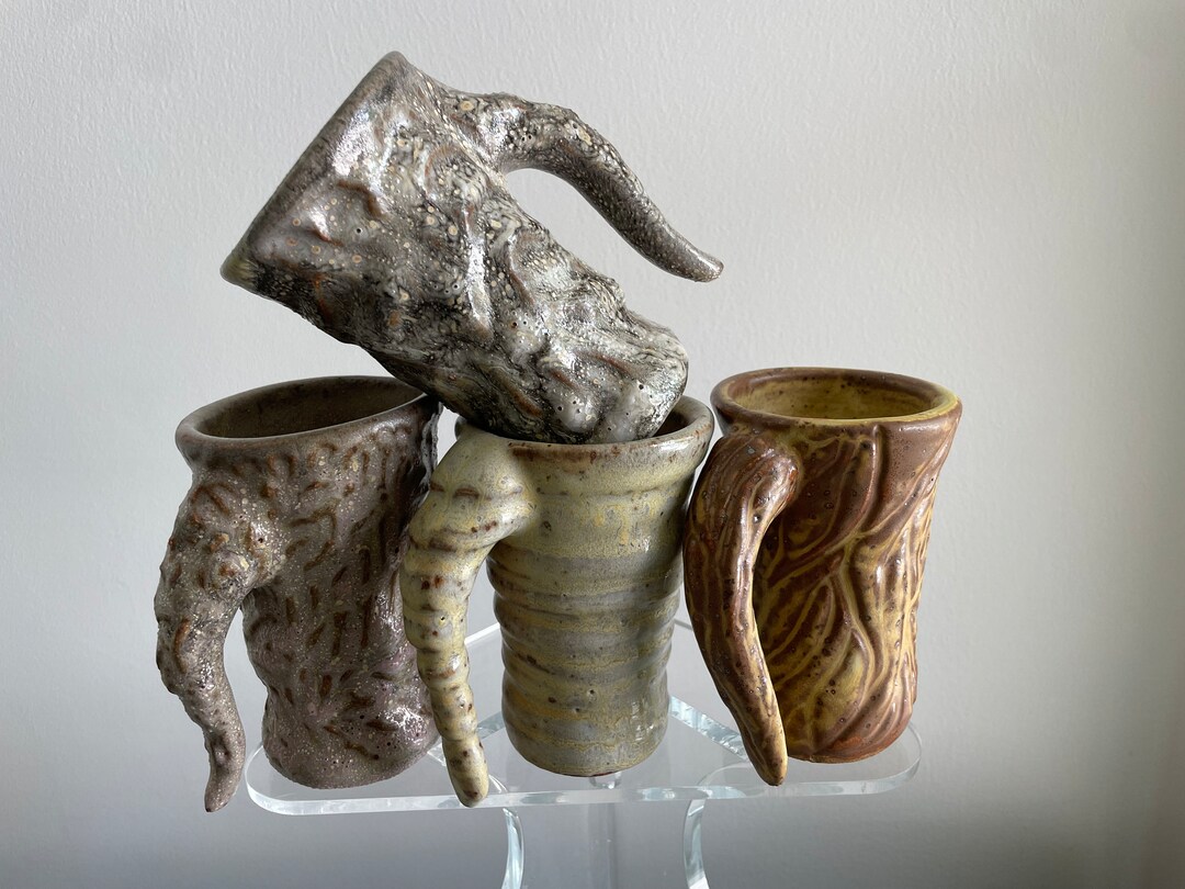 Goth Art Pottery Mugs With “tail” Handles, OOAK Organic Biomorphic ...
