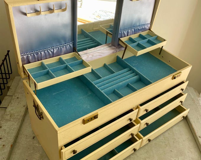 HUGE Vintage Tier Jewelry Box Chest, Blue Velvet, Satin, Double Brass ...