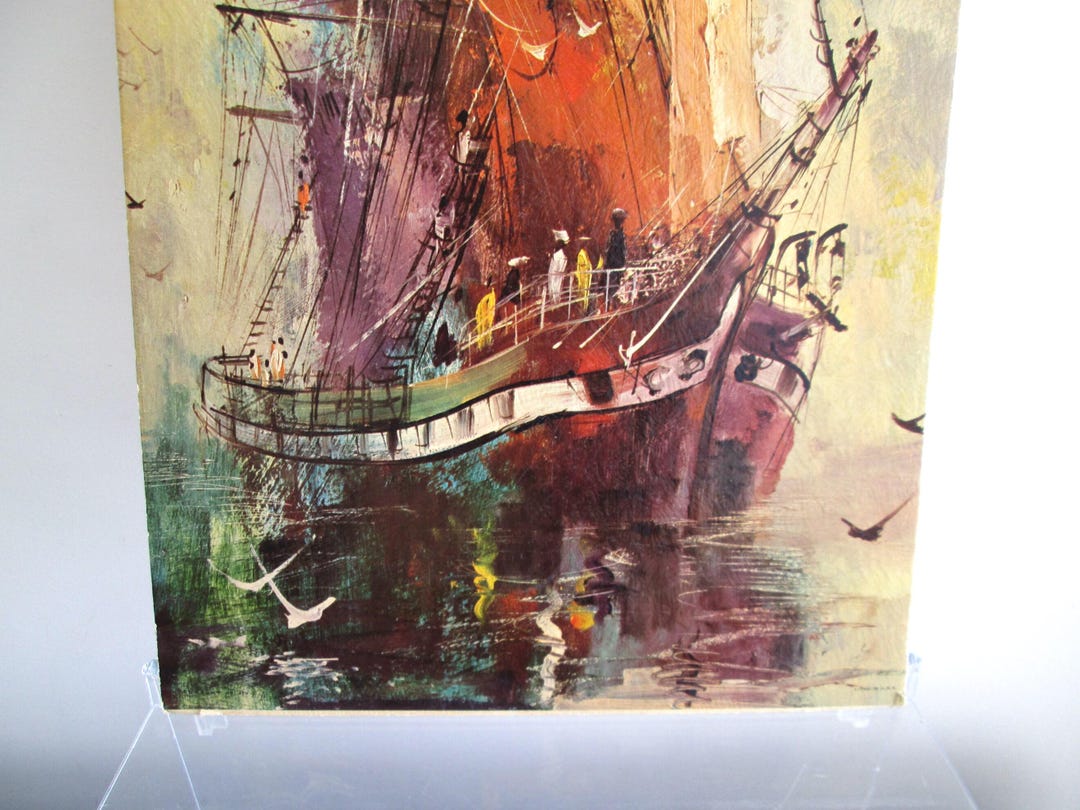 Vintage Ocean Scene Lithograph: Tall Sailboat Art, Exotic Crew, Shabby ...