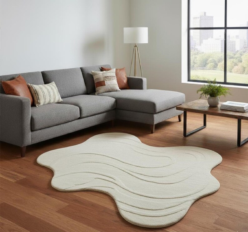 Hand Tufted Cream Area Rug With Wavy Sculpted Texture, Modern Abstract ...