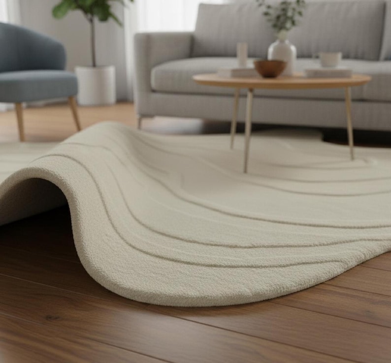 Hand Tufted Cream Area Rug With Wavy Sculpted Texture, Modern Abstract ...