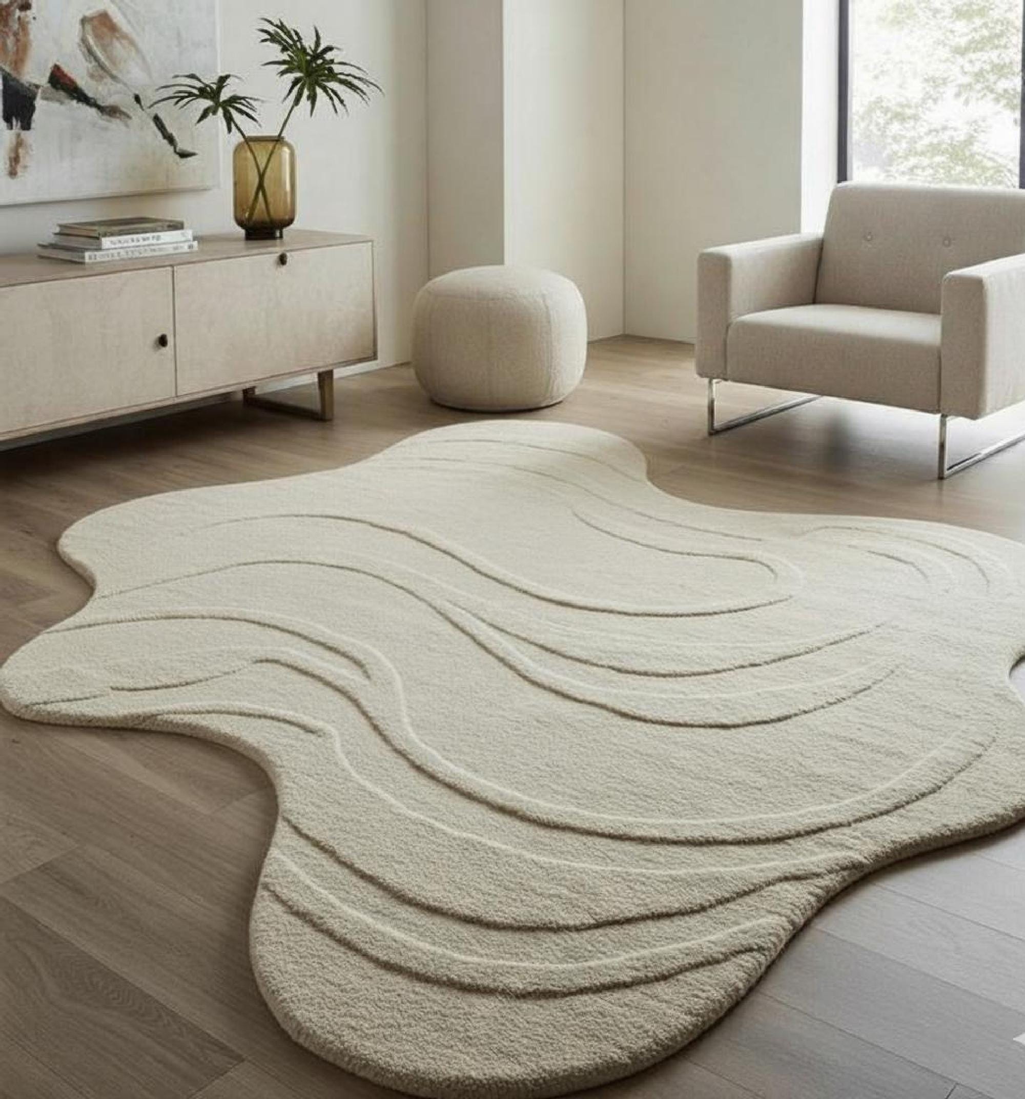 Hand Tufted Cream Area Rug With Wavy Sculpted Texture, Modern Abstract ...