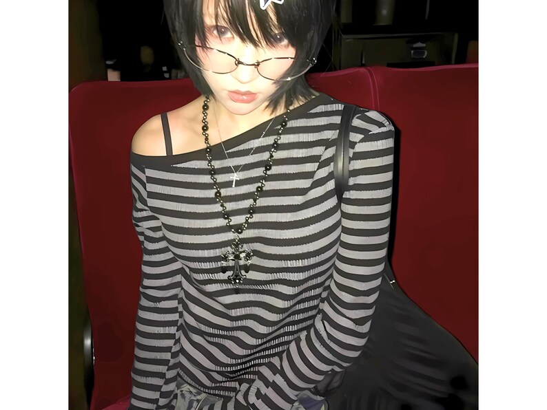 Y2K Striped Knit Tops, Gothic Streetwear Tee, Grey and Black Stripe off ...