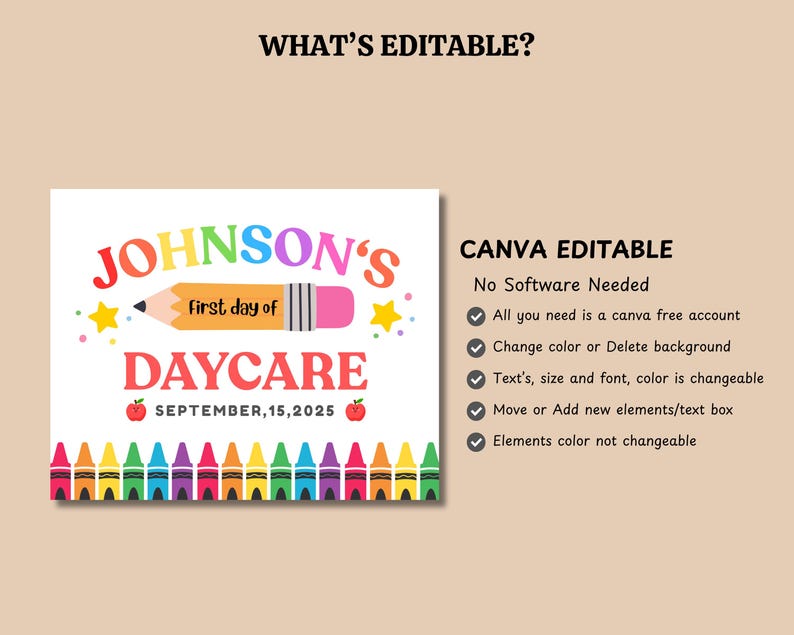First Day of Daycare Sign: Editable Crayon Photo Prop (canva Template ...