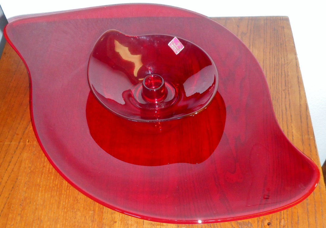 Viking Epic Hand Made Art Glass Free Form Ruby Red Console Bowl & One ...