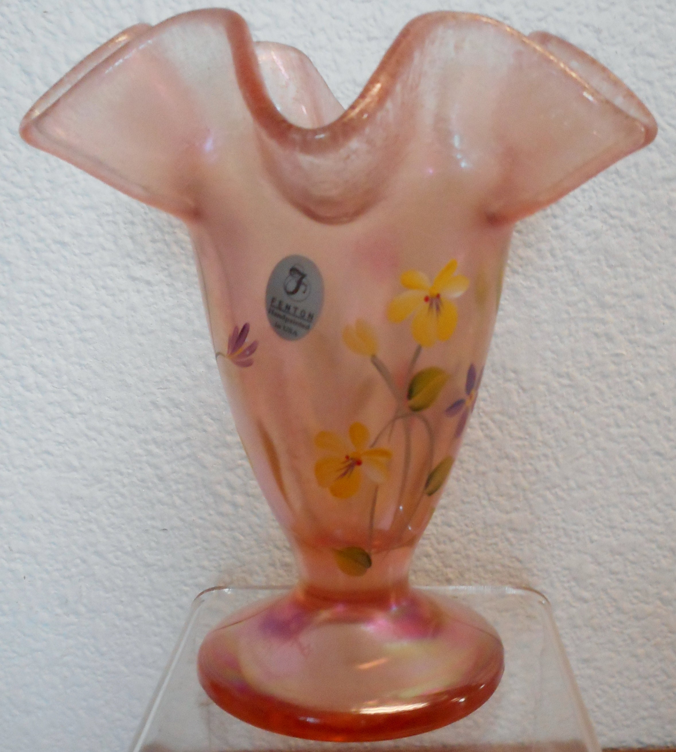 Fenton Pink Opalescent Vase wild Flowers Hand Decorated Signed at Base ...