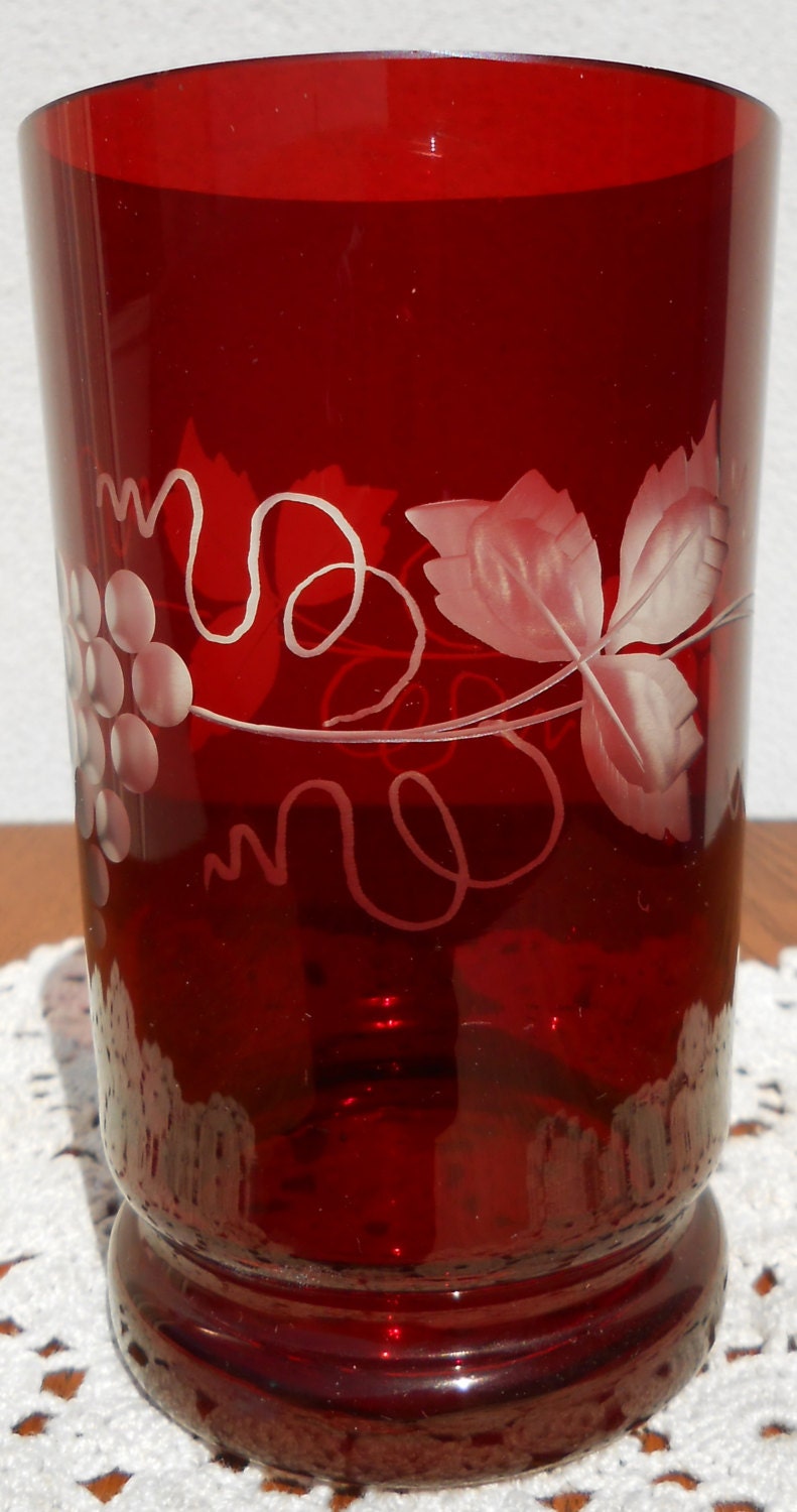 Bohemian Glass Etched Vintage Ruby Red Tumbler, Grape Motif - Etsy