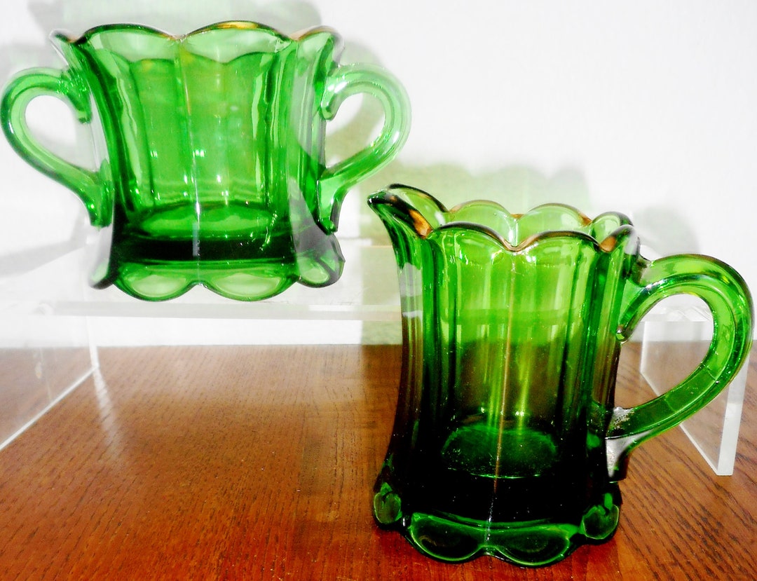 EAPG US Glass Colonial Emerald Green Creamer & Sugar Scalloped Panel ...