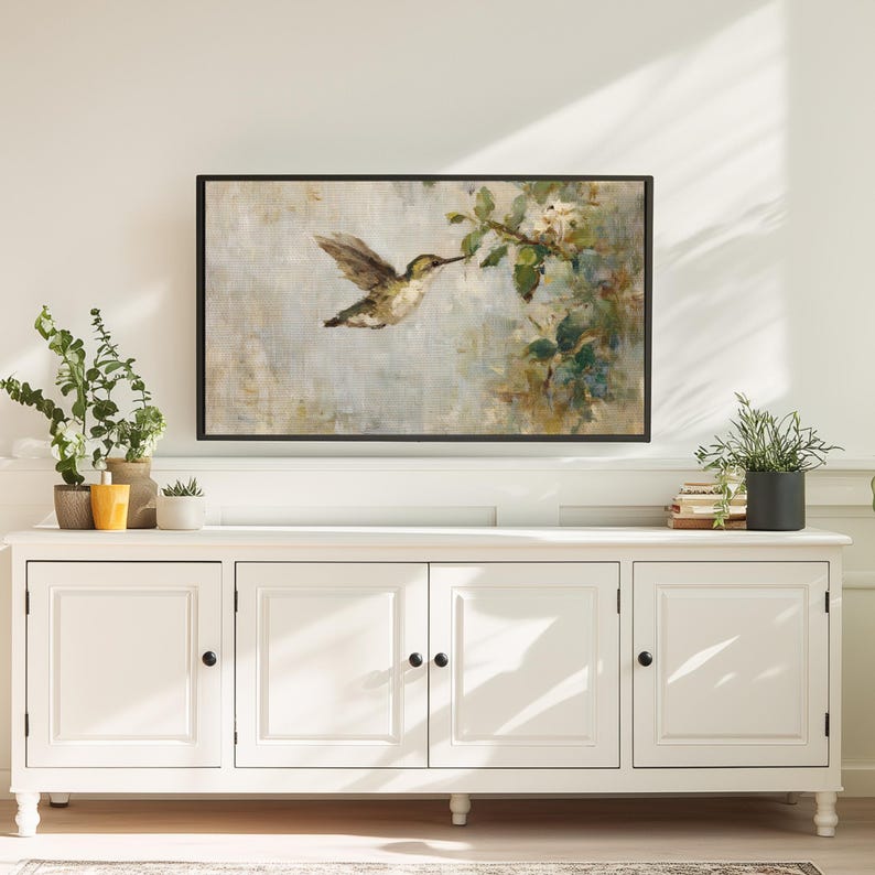 Hummingbird Frame TV Art, Vintage Bird Painting, Soft Botanical Cottage ...