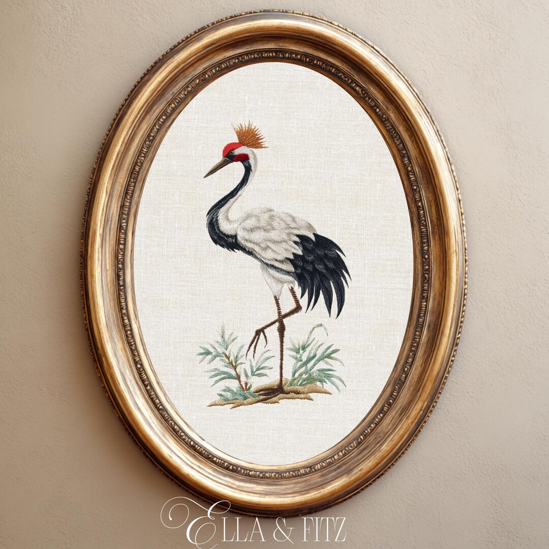 Vintage Crane Faux Embroidered Print | Coastal Bird Wall Art (digital ...